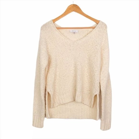 Milly | Sweaters | Milly Wool Blend Ivory Knit Vneck Hilo Sweater ...